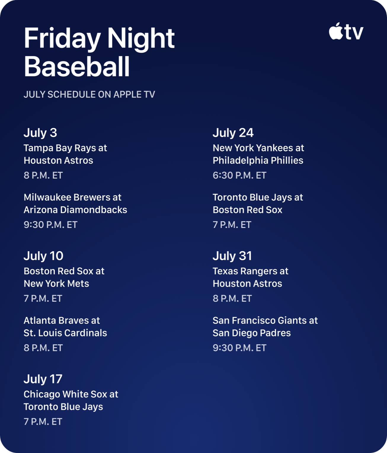 Apple and Major League Baseball announce July “Friday Night Baseball ...